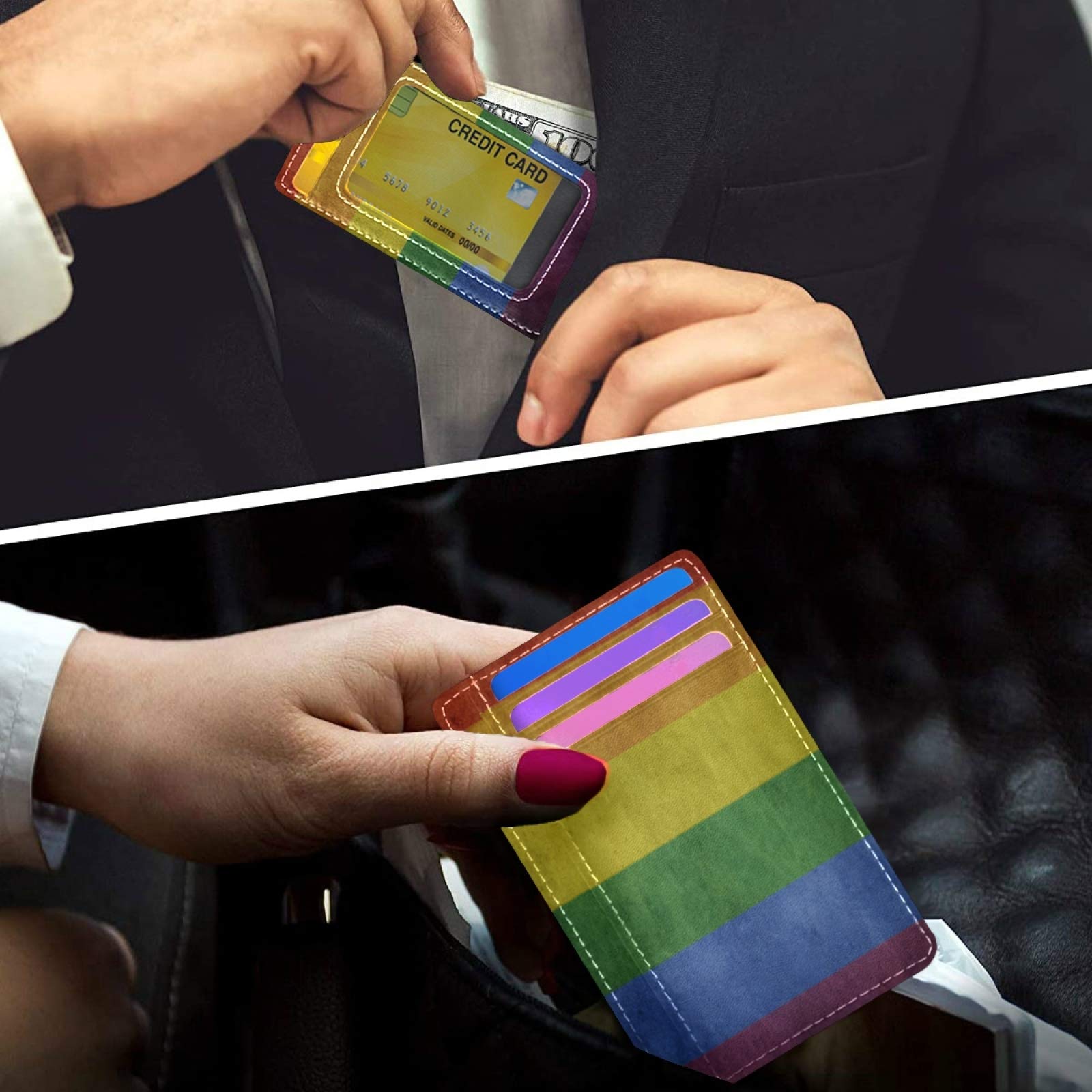 Linomo Thin leather Card Holder and Money Clip Vintage Rainbow Flag LGBT Wallet RFID Blocking for Men & Women