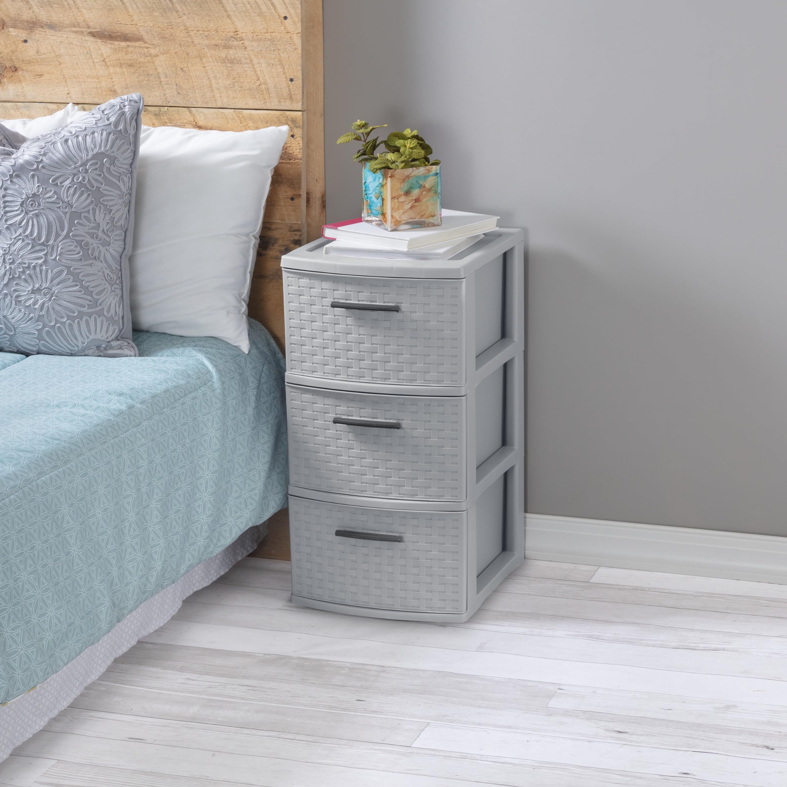 BHCHA 3 Drawer Weave Tower Plastic, Cement