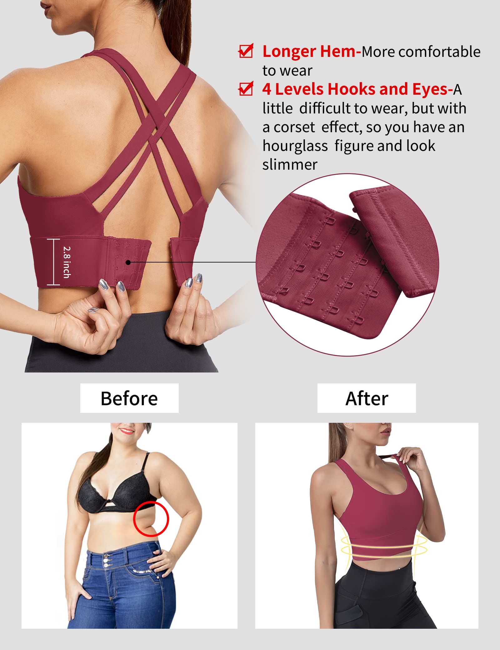 Botel Sports Bras for Women, Crisscross Back Strap Medium Support Everyday Yoga Bra with Removable Cups(Wine red,XL)