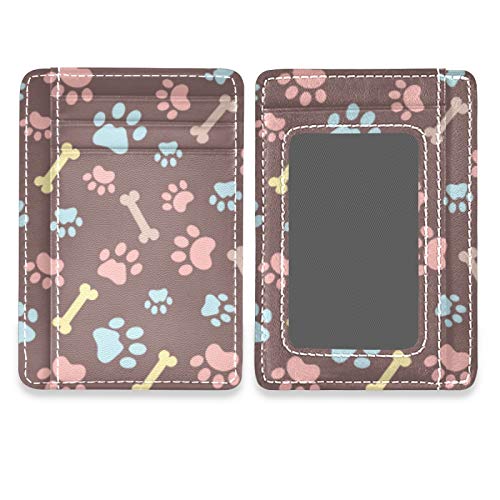 Linomo Thin leather Card Holder and Money Clip Vintage Dog Paw Print Bones Wallet RFID Blocking for Men & Women