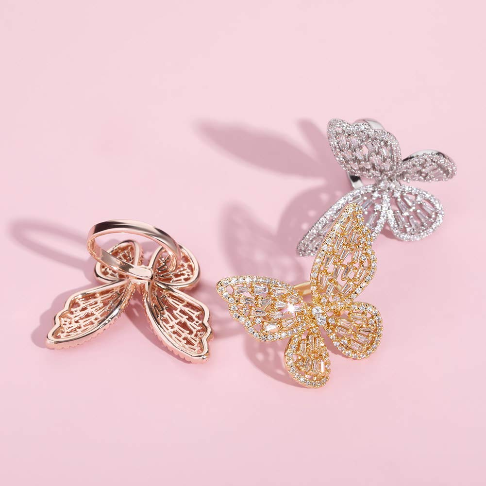 Ayaoch Sterling Silver Adjustable Butterfly Rings for Women Cubic Zirconia Ring Jewelry (silver)