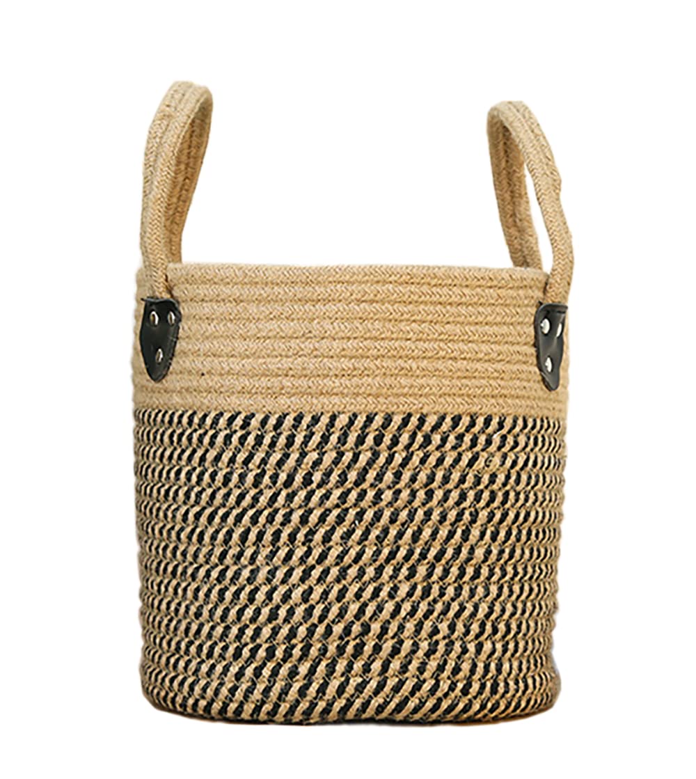 DOUBLE POMELO - Shelf Basket Jute Basket Woven Basket for Comforter Cushions Blanket Basket Toy Basket with Handle Laundry Hamper with Handle Brown and Black (11'' x 11'')
