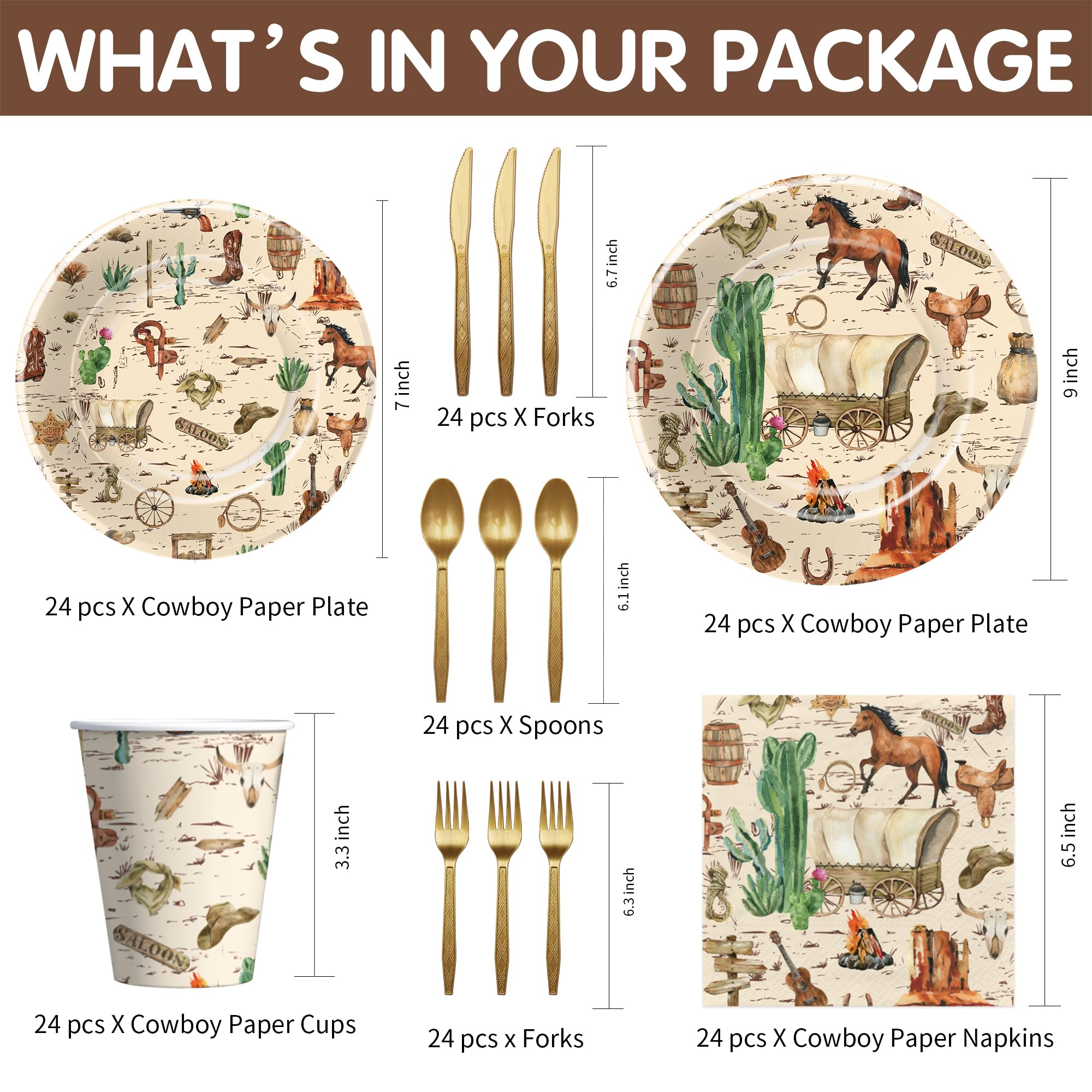 HIPVVILD Western Cowboy Party Decorations Tableware - Wild West Rodeo Theme Birthday Baby Shower Party Supplies Table Decorations, Paper Plate, Cup, Napkin, Disposable Cutlery | Serve 24