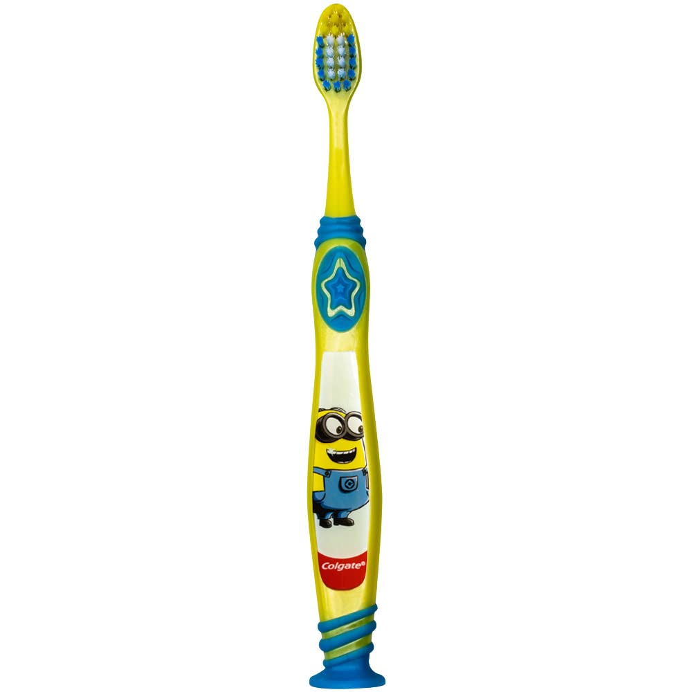 Colgate Minions Toothbrush with Suction Cup, Tongue Cleaner 5+ Years, Extra Soft (Colors Vary) - Pack of 6