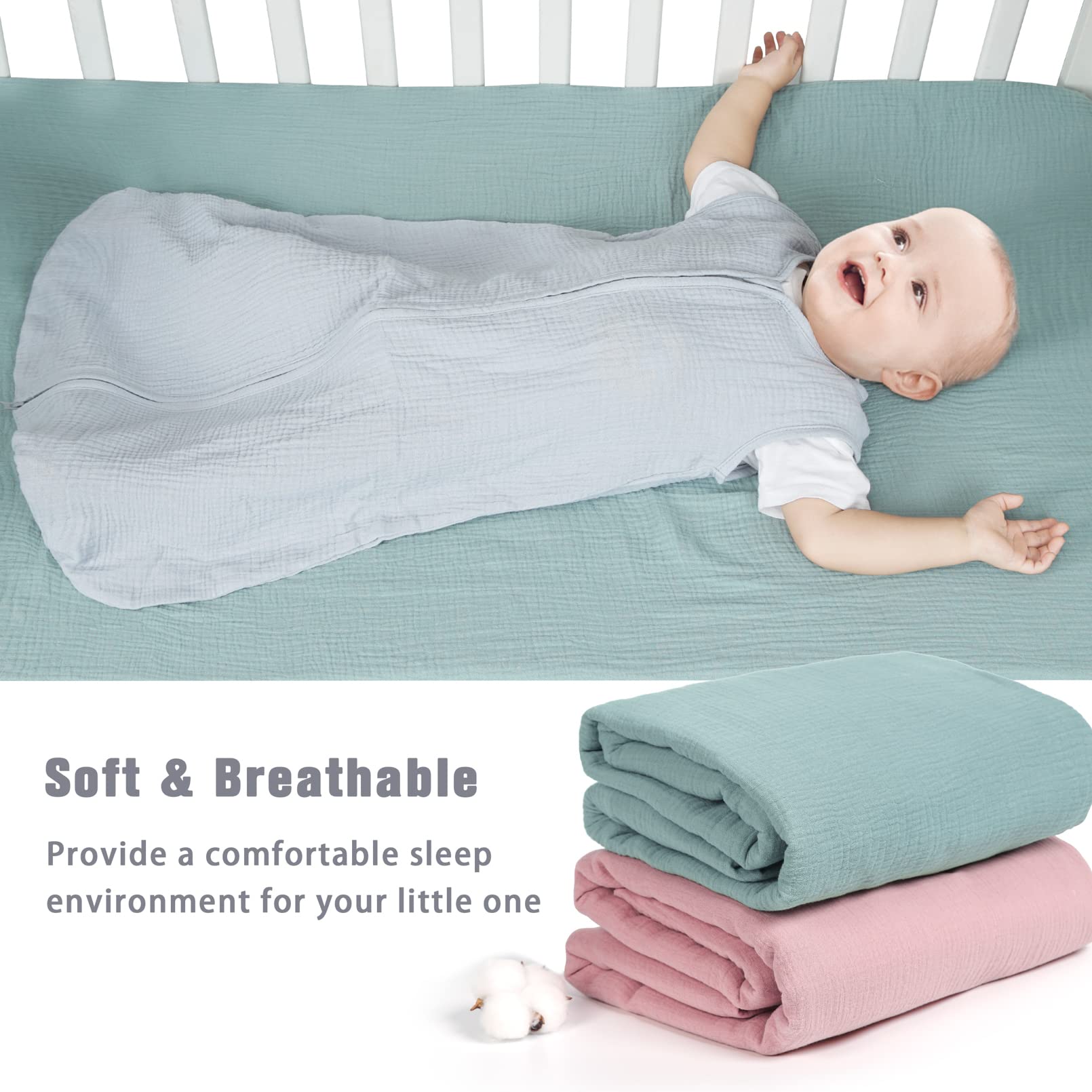 BSTOPPT 2 Pack Muslin Crib Sheets，Fitted Crib Mattress Sheets for Boys and Girls，28"x 52" (Grey & White)