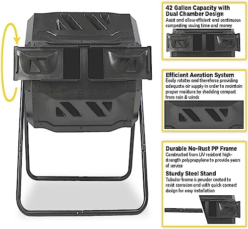 Compost Bins Outdoor 43 Gallon Garden Compost Tumbler Bin | Extra Wide Dual Chamber with 360 Degree Rotating Composter Food Waste Bin |Outdoor Aerating Waste Bin Composting Tumbler