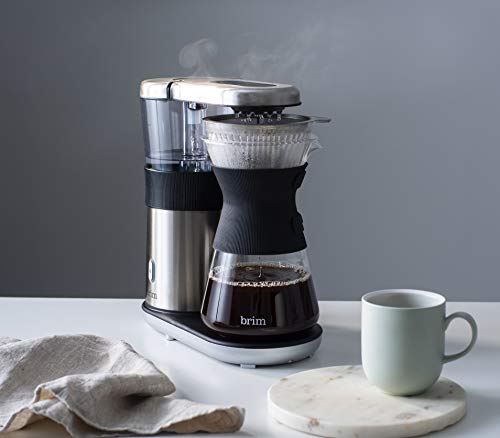 brim 8 Cup Pour Over Coffee Maker Kit, Simply Make Rich, Full-Bodied Coffee Every Time, Set Includes Glass Carafe, SCA Measuring Scoop, Silicone Sleeve, and Healthy-Eco Reusable Filter, Stainless Steel