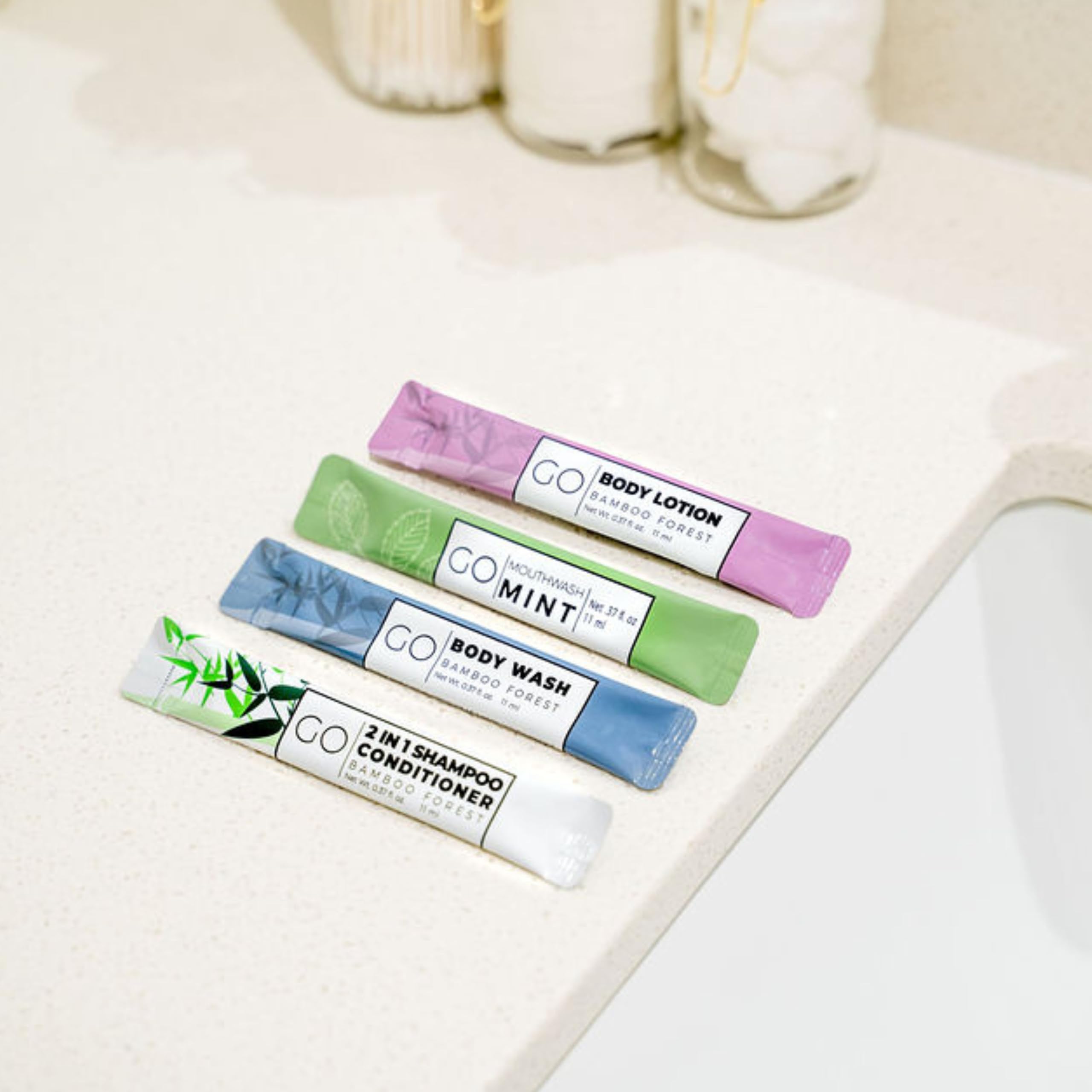 Go Essentials Travel Size Body Wash Packets โ Single Use amenity for Women & Men. TSA Travel Size Toiletries