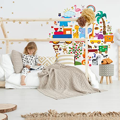 Wall Decals for Kids - Safari Adventure Decorative Peel & Stick Animal Wall Art Sticker for Baby's & Kids Room, Nursery, Classroom, Playroom, and Party Decorations - 55 PCS