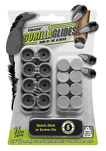 GorillaGlides CB193 3/4 Inch Chair Glides/Furniture Feet Floor Protectors (Set of 16 Sliders) Self-Adhesive or Screw-On, for Sliding on Carpet and Hard Surface Flooring, Round