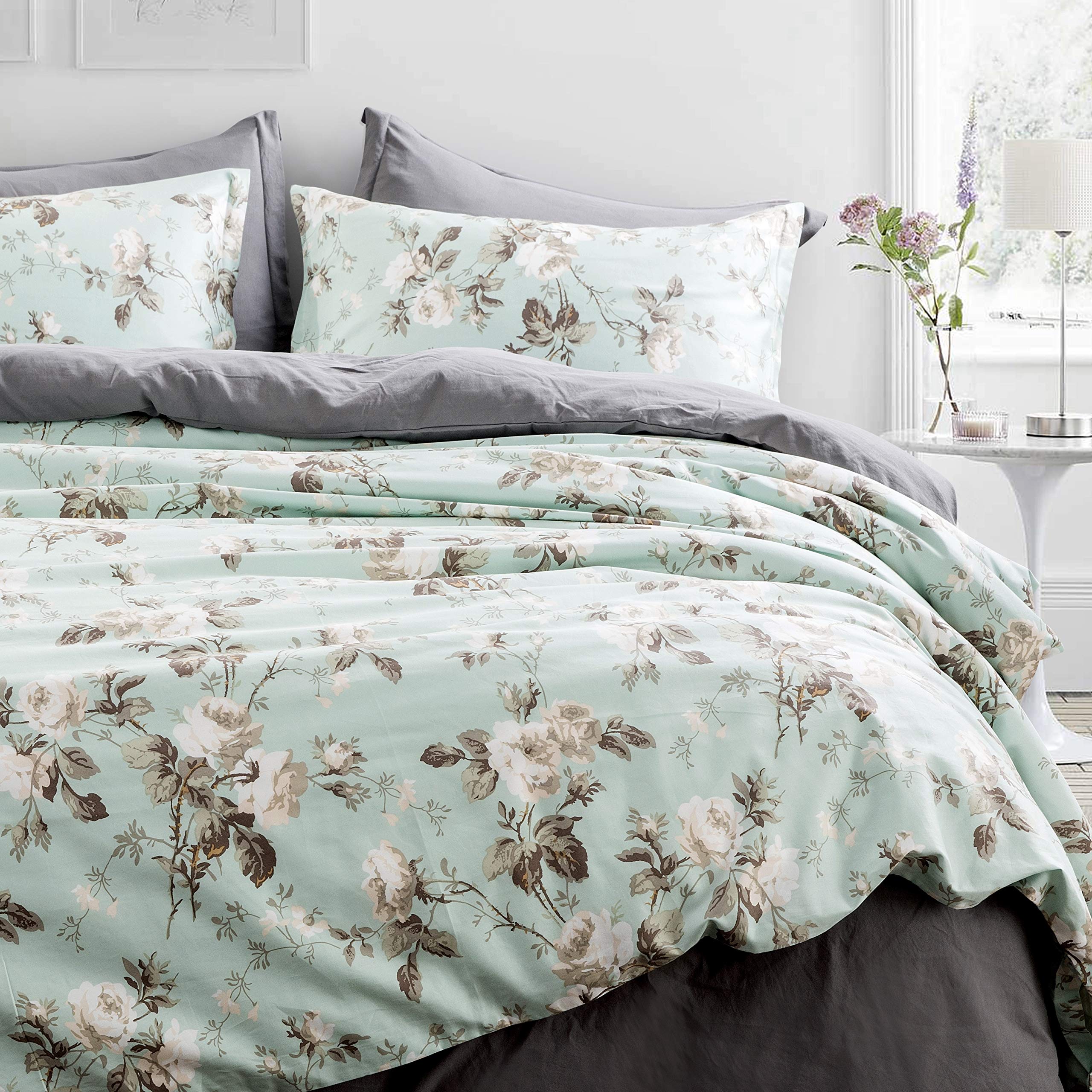Eikei Shabby Chic Floral Duvet Cover and Pillowcases Set Cottage Garden Botanical Nature Flowers Cabbage Roses Peony Rosy Vines Farmhouse Bedding Toile French Country Style (Pale Blue, King)