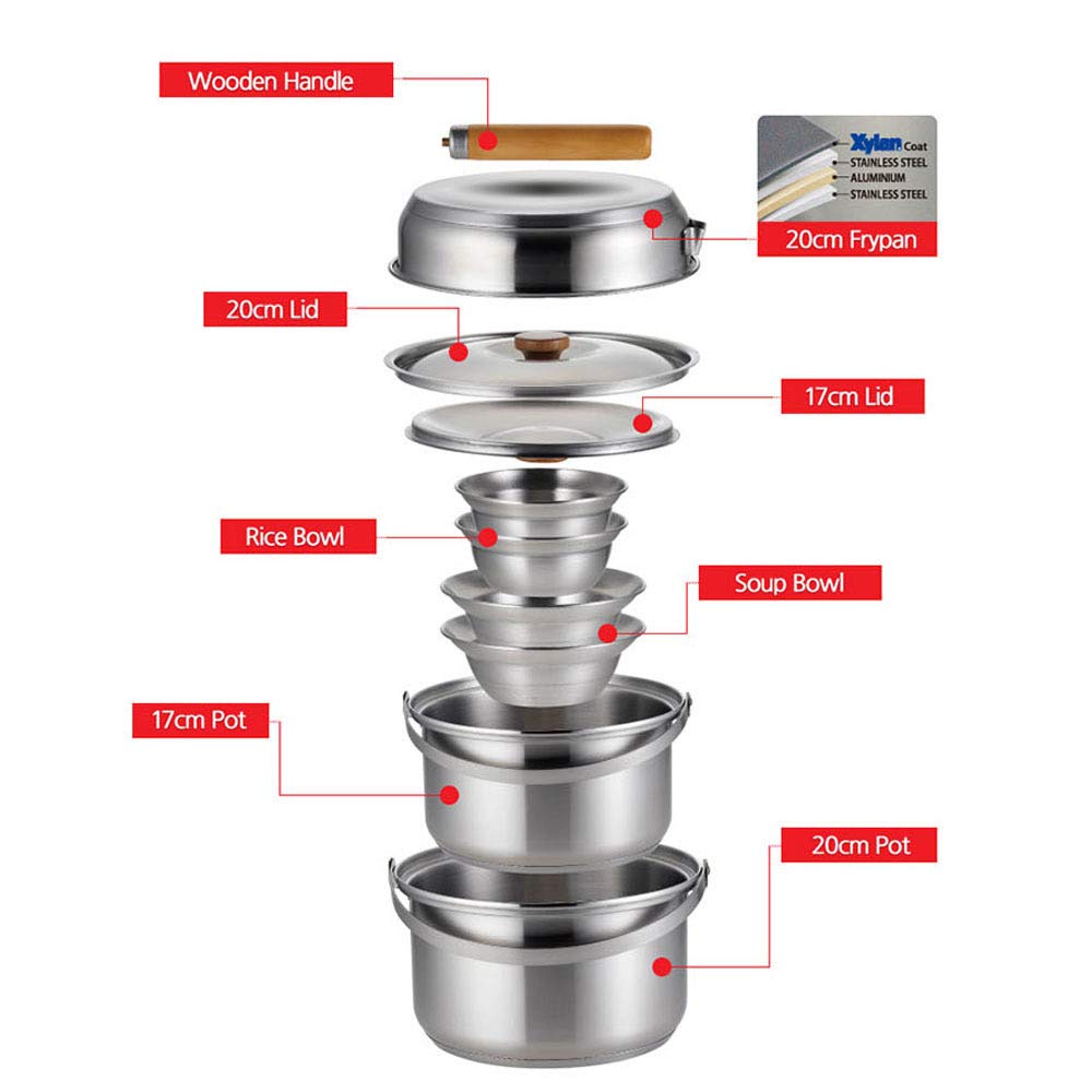 Bellrock Premium Quality Stainless Steel Camping Cookware 9 Piece Deluxe Family Cookset pots with Storage Bag and Coating frypan.