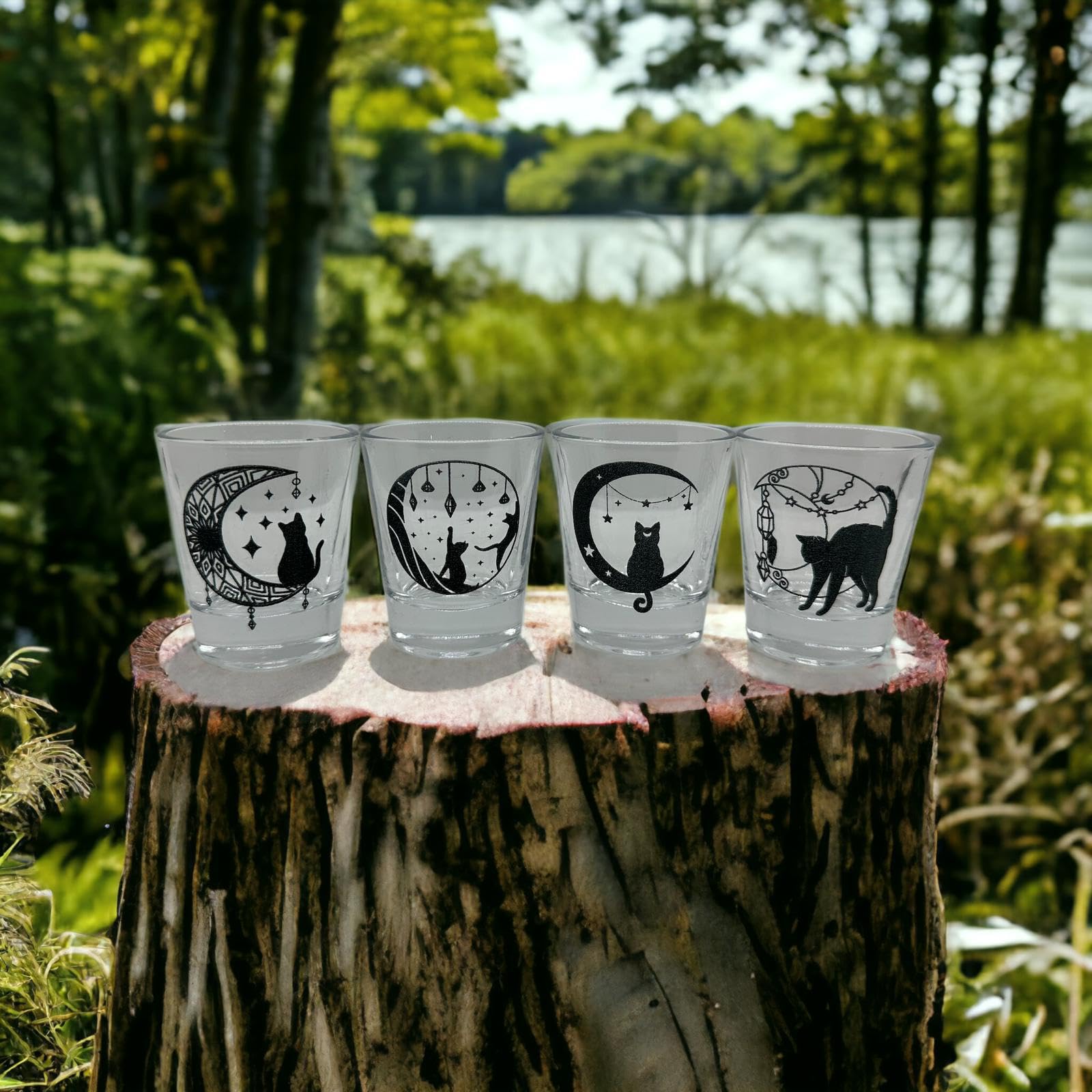Brindle Southern Farms Cats, Crystals, & Moon Shot Glass Set of 4: Engraved Cat Shot Glasses Cat Decor, Cat Mom Barware (Diamond Black Engraved)