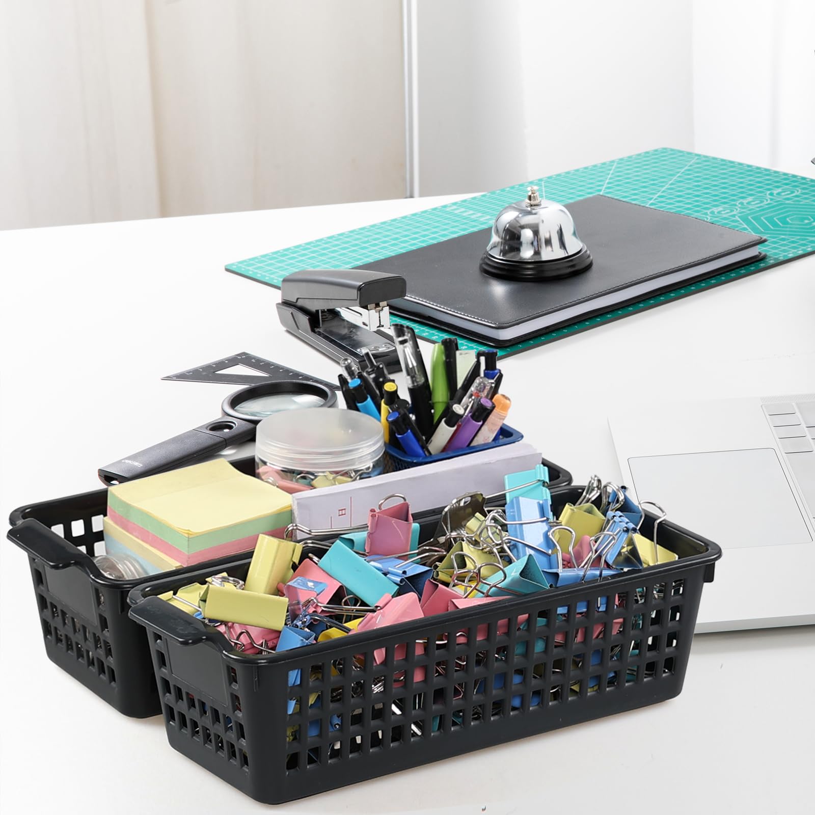 Bringer 6-Pack Slim Plastic Storage Baskets, Black Plastic Rectangle Storage Baskets