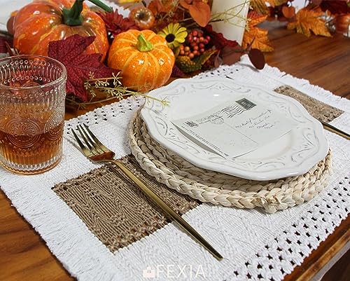 Fexia Boho Placemats Set of 6, Macrame Table Decor and Farmhouse Style Placemats Natural Cotton Burlap, for Dining Table Kitchen