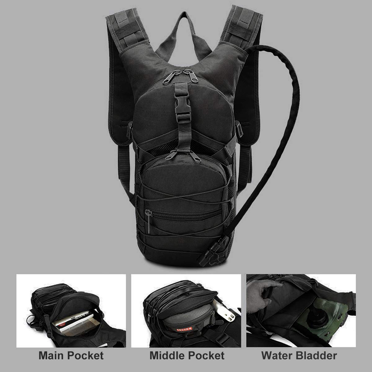BraveHawk OUTDOORS Tactical Hydration Pack Backpack, 900D Military Nylon Oxford Water Resistant Sports Runner Backpack with 3L Bladder for Hiking and Climbing (Black)