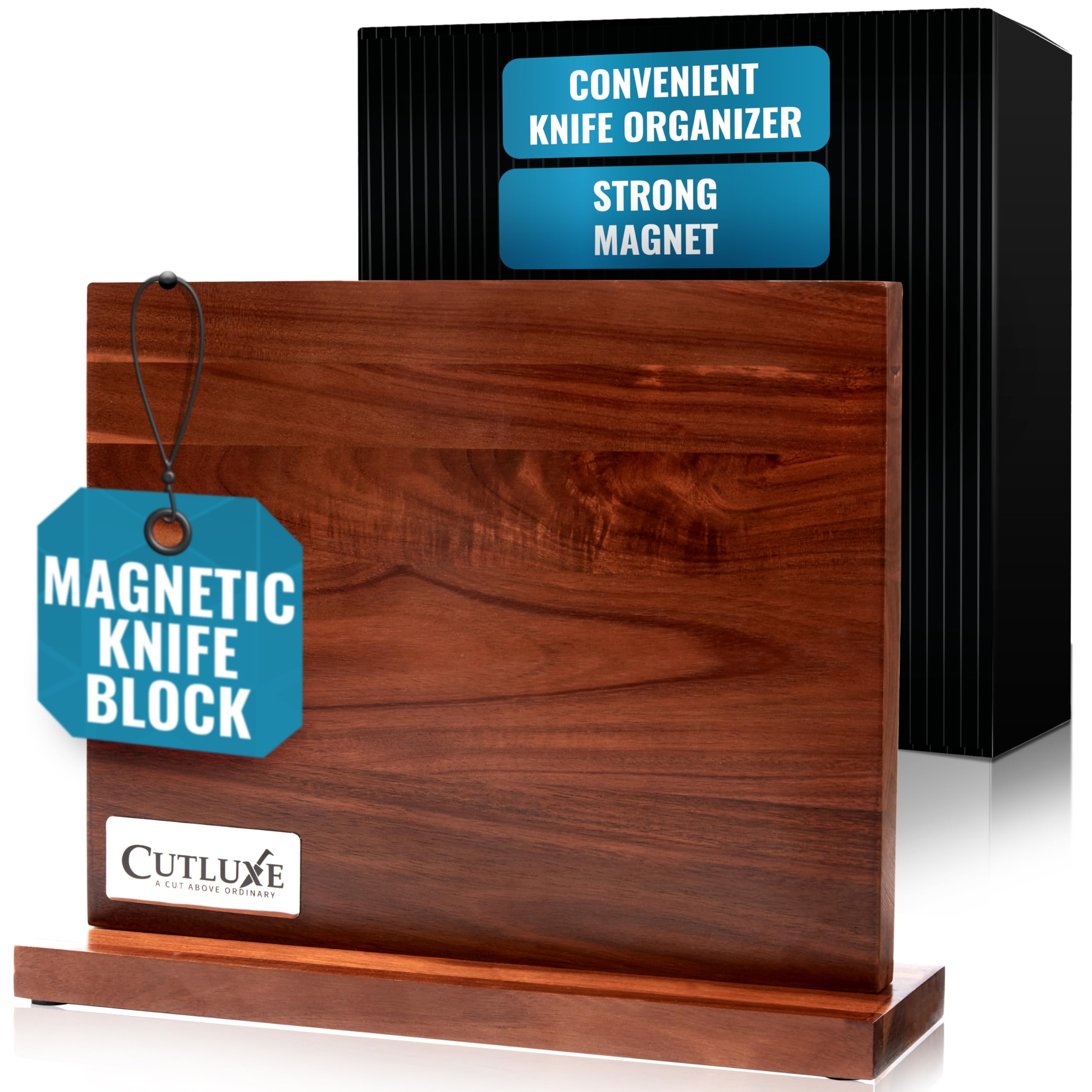 Cutluxe Magnetic Knife Holder â Magnetic Knife Block, Acacia Wood Knife Stand for Kitchen Counter, Slim & Double Sided, Powerful Magnet Strips, Organized Storage Rack & Modern Display Board