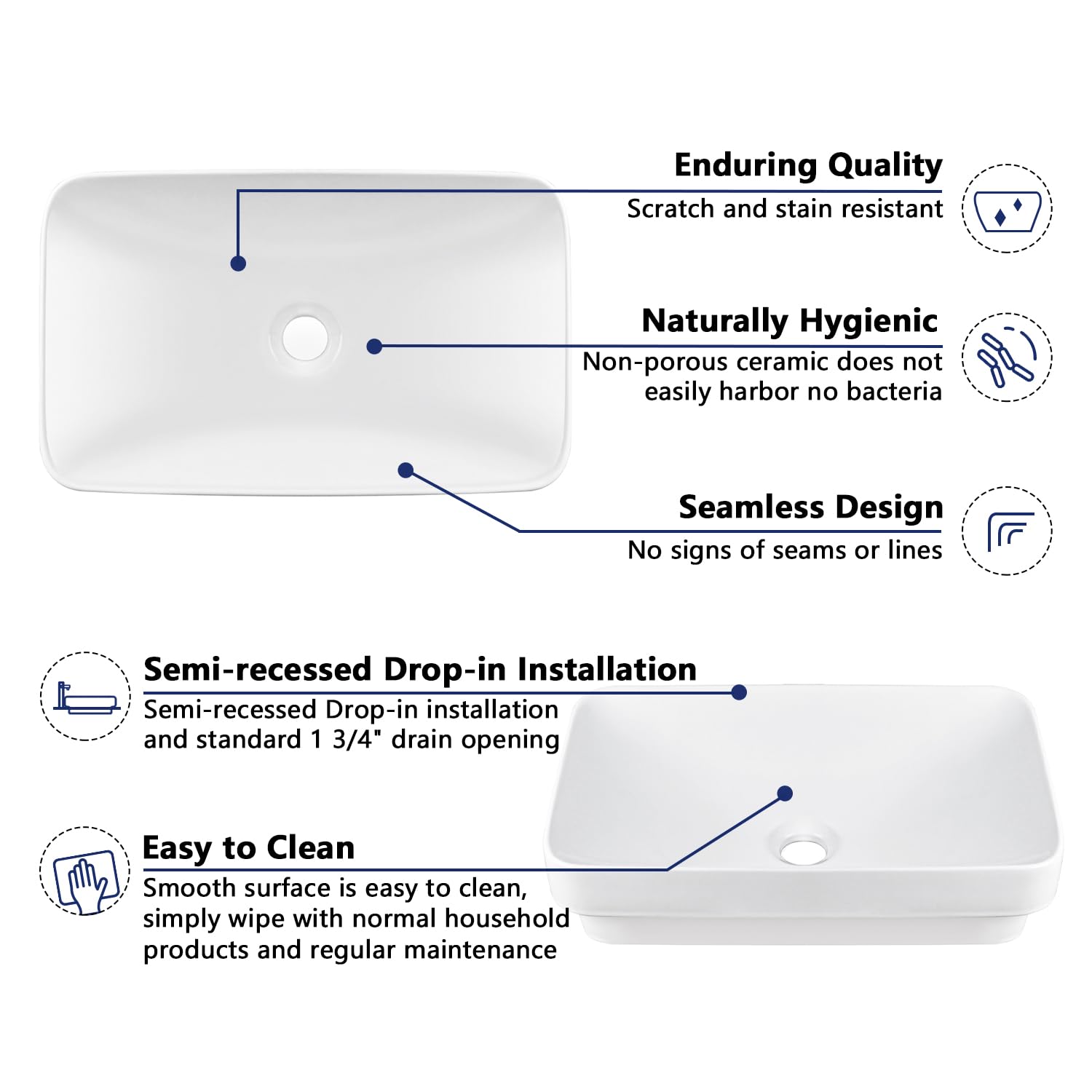Bathroom Vessel Sink, DeerValley 19'' x 12'' Semi Recessed Bathroom Sink Rectangular White Ceramic Vessel Sinks for Bathroom Modern Bath Sink Bowl Vanity Sink Above Counter Basin DV-1V0047