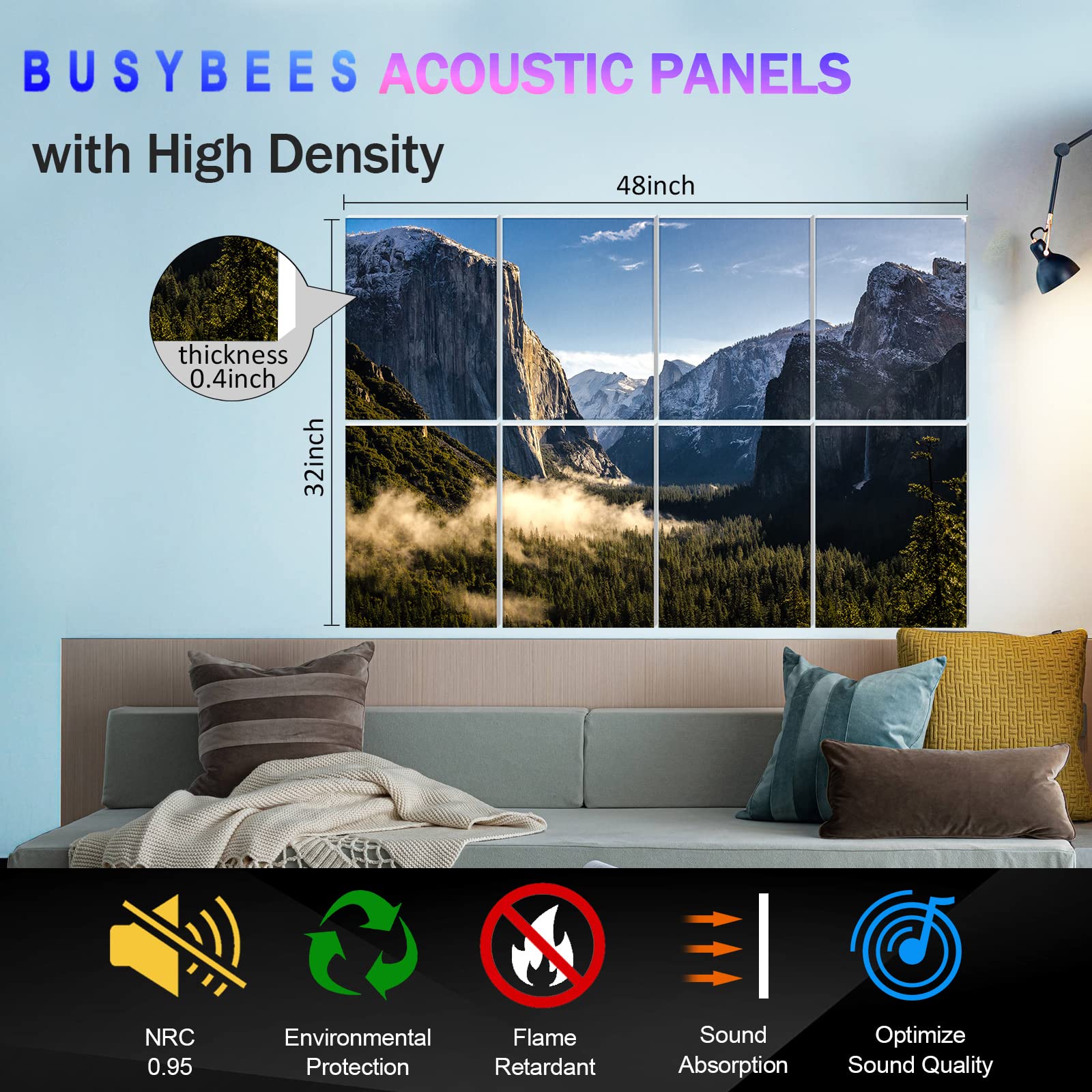 BUSYBEES Art Acoustic Panels with Self-Adhesive,48 x 32Inches Acoustical wall panel,Better Decoratve Than Sound Proof Foam Panels, Studio Office Home Acoustic Treatment,Misty Peaks