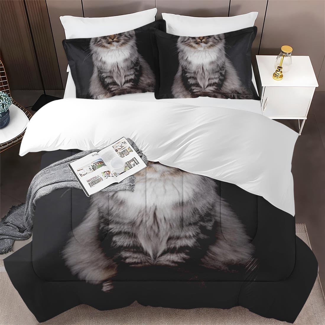 Cuzutime King Size Comforter Set with 2 Pillowcases, Silver Cat His Cute, Bedroom Decor Gray Grey Black Tabby Soft Bedding Set for Kids and Adults, Bed Decor