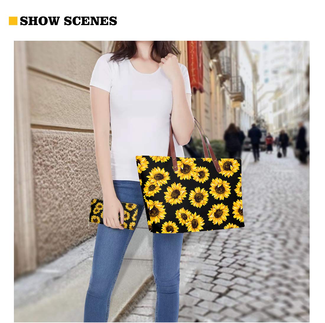 JEOCODY Cute Dolphins Pattern Handbags and Wallets Sets for Women Ladies Top Handle Bag Travel Work Daisy Shoulder Shopper Bag