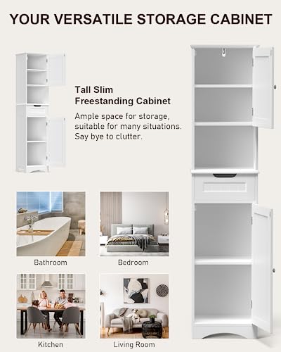 Gizoon 67" H Tall Bathroom Storage Cabinet w/ 2 Doors & 1 Drawer, Narrow Linen Tower Freestanding w/Adjustable Shelves for Home, Kitchen, Versatile, Anti-Tipping, White