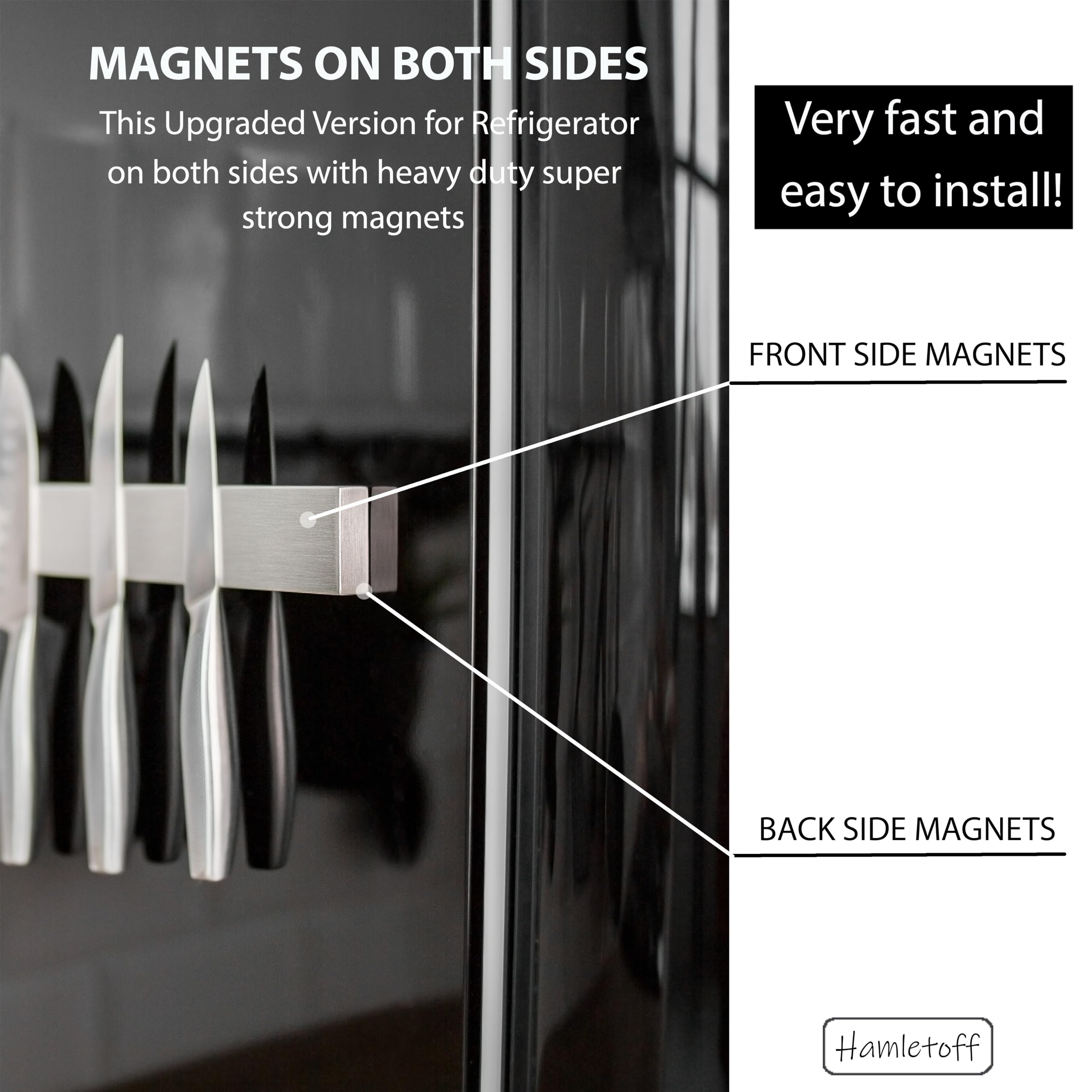 Hamletoff Premium Magnetic Knife Holder for Refrigerator β 16 Inch Professional Double Sided Magnetic Knife Strip for Fridge - Stainless Steel Magnetic Knife Holder for Wall Self Adhesive