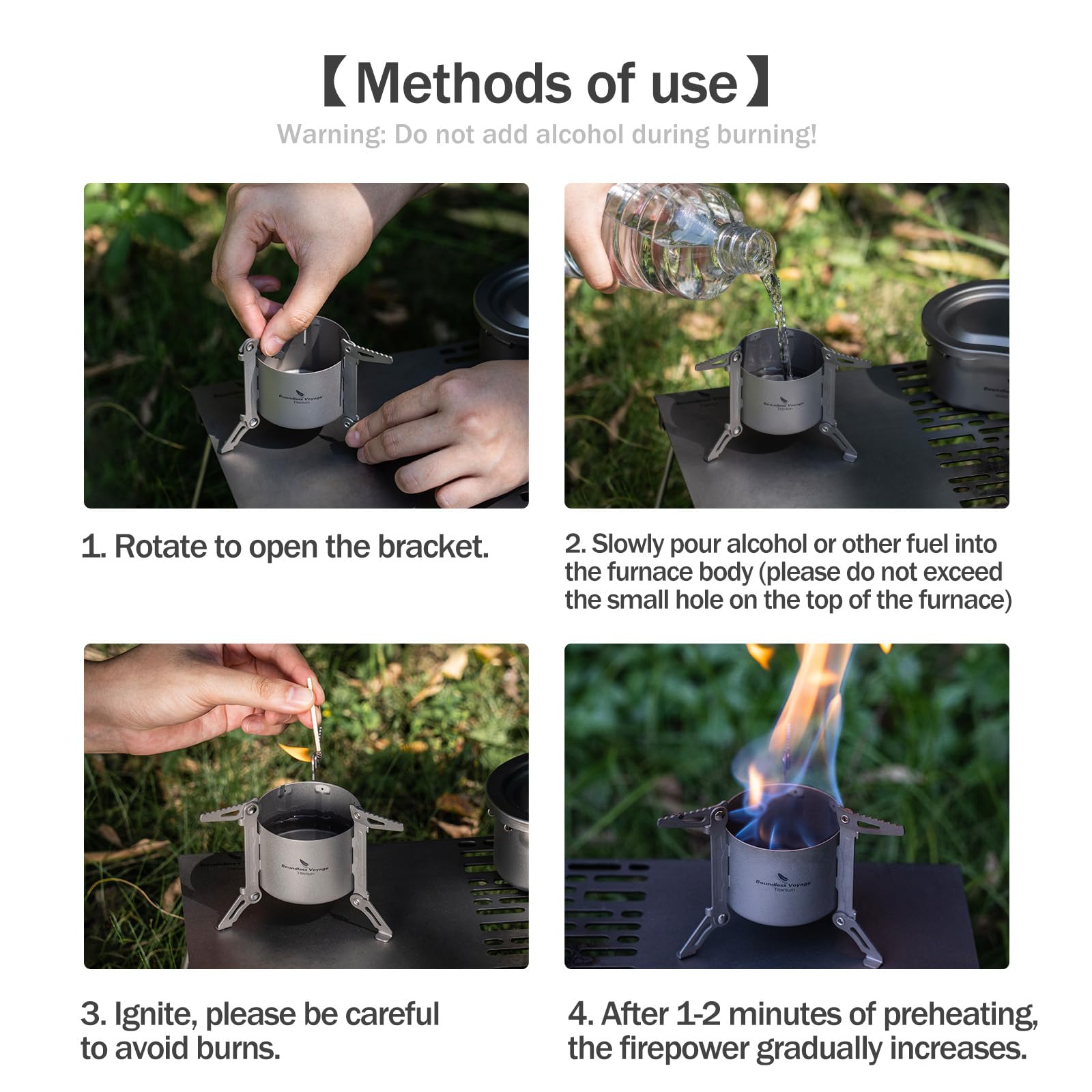 Boundless Voyage Titanium Alcohol Stove Mini Spirit Burner Outdoor Camping Stove with Foldable Stands Brackets Ultralight Portable Backpacking Stove