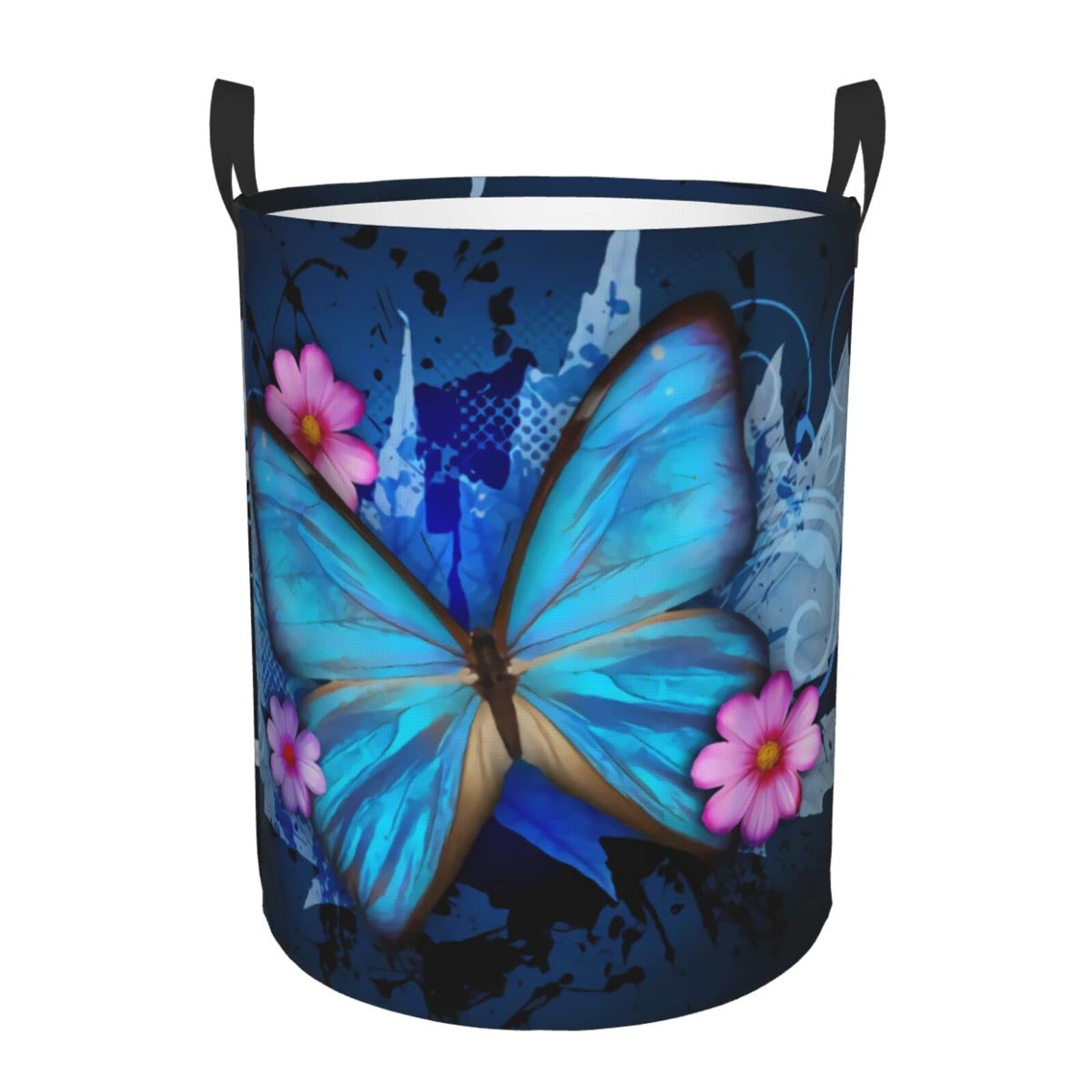 Blue Butterfly Laundry Hamper With Handle Foldable Durable Laundry Basket Storage Bin Dirty Clothes Organizer Bag For Bedroom Bathroom Nursery
