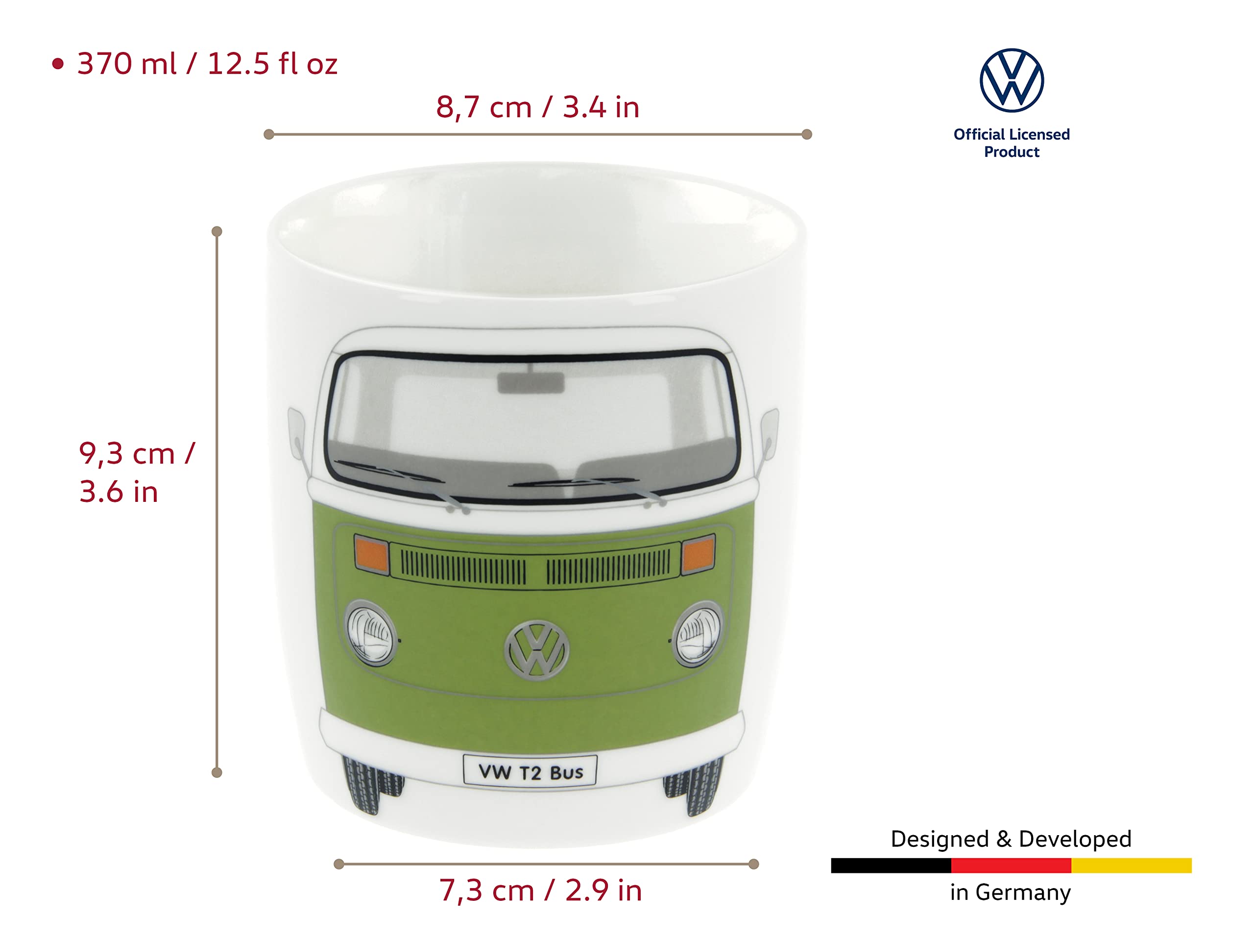 BRISA VW Collection - Volkswagen Large Ceramic Coffee-Tea-Cappuccino Mug Cup in T2 Bus Campervan Design (370 ml/12.5 fl oz/Bus Front/Green)