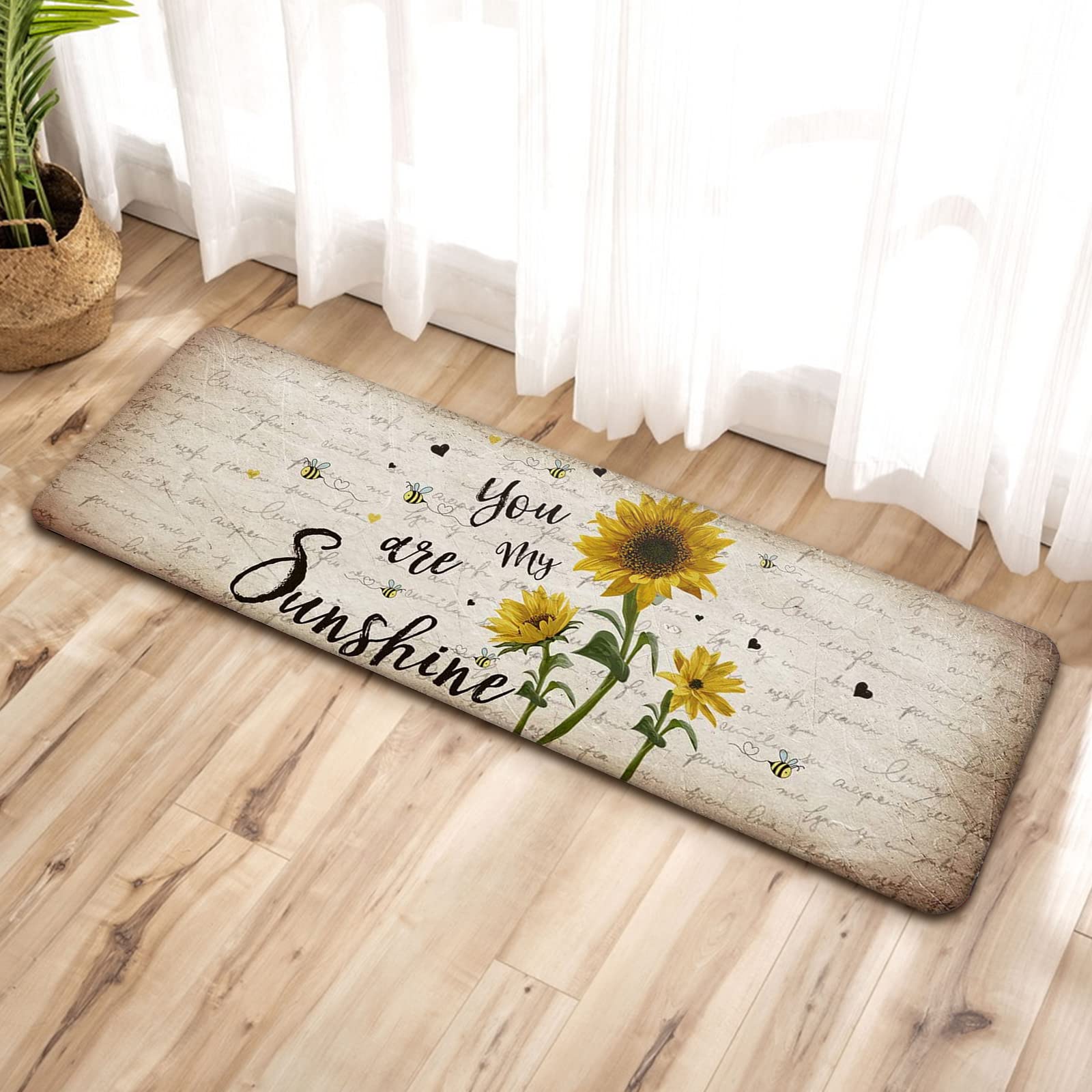 Briskdecor Kitchen Rugs and Mats Set, Absorbent Soft Non-Skid Rubber Backing Area Rugs, Sunflower Washable Floor Comfort Mats and Carpet Runner, 20 Inch x 48 Inch, Yellow