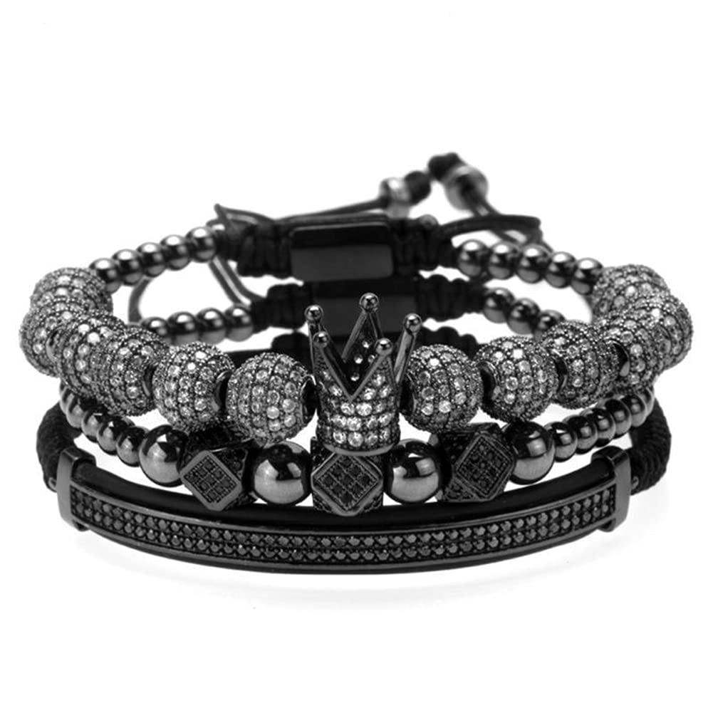 MAGIC FISH Imperial Crown King Black Bracelet for Men and Women Pave CZ Handmade Mens Bracelets Set Friendship Luxury Charm Fashion Cuff Pulseira Bangle Birthday Jewelry?Adjustable size?