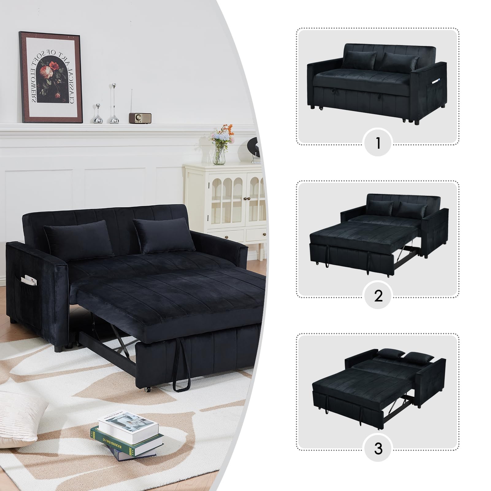 ECHINGLE 55.51" Convertible Sofa Bed, 3-in-1 Sleeper Sofa with Pullout Bed, Velvet Sofa cama with Adjustable Backrest and Side Pocket & 2 Pillows, Modern Futon Couch for Living Room, Bedroom(Black)