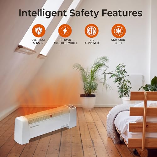 Comfort Zone Baseboard Space Heater with Digital Thermostat, Electric, Dent-Proof End Panels, Overheat Protection, Tip-Over Switch, & Stay-Cool Body, For Home, Bedroom, & Office, 1,500W, CZ650BWT