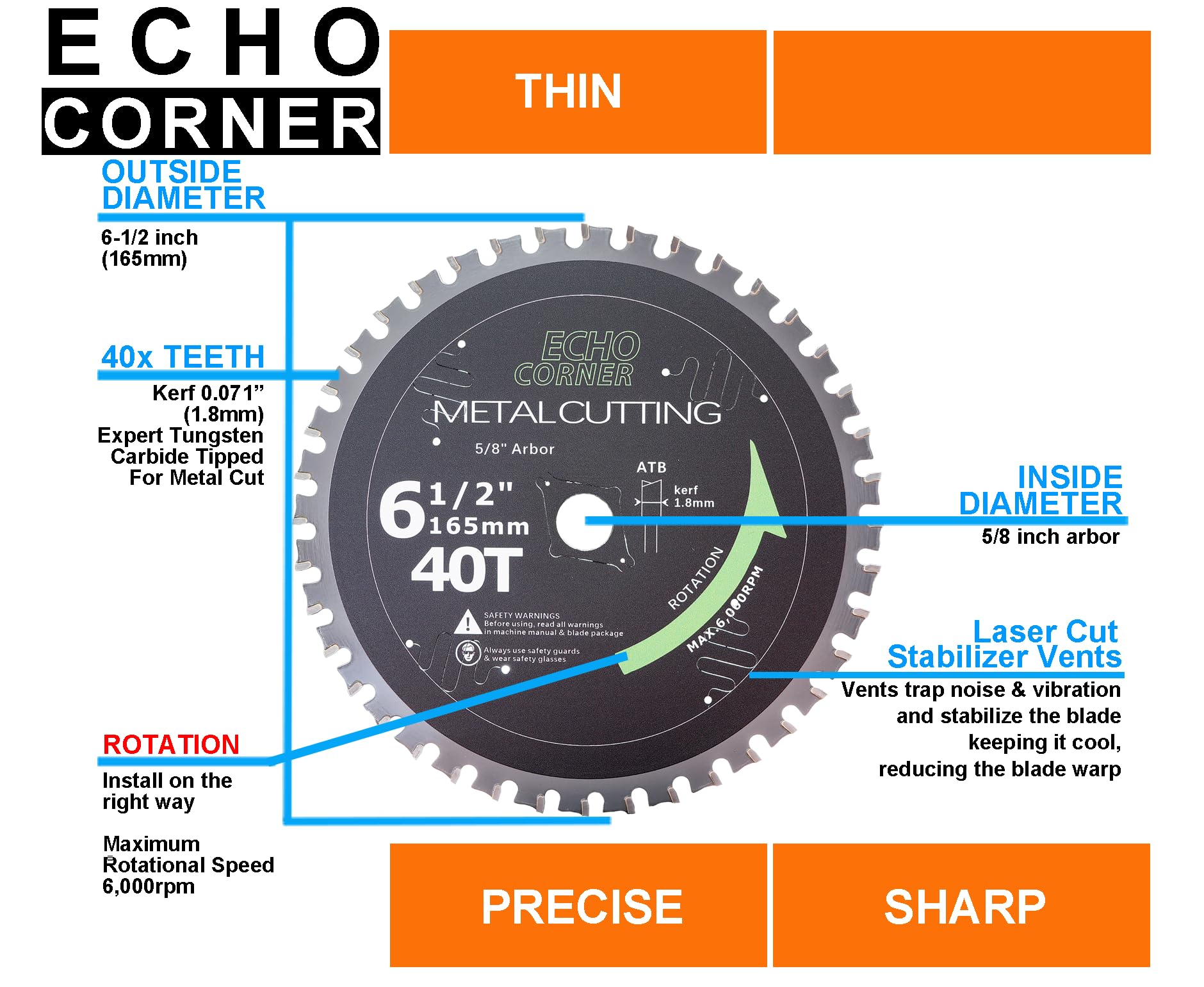 Echo Corner 6-1/2" Steel Cutting Circular Saw Blade, for Mild Steel Sheet Carbon Steel Plate Angle-Iron or Other Tough Metal, Carbide TCT 40-Tooth 5/8" Arbor