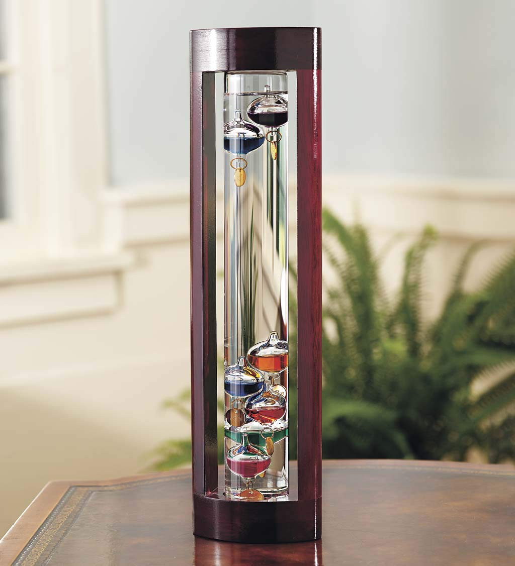 Galileo Glass Thermometer | 14.5-Inches Tall with Cherry Wood Frame | Law of Physics | Indoor Room Temperature for Home House Office Desk Counter Tabletop | Holiday Gift Present