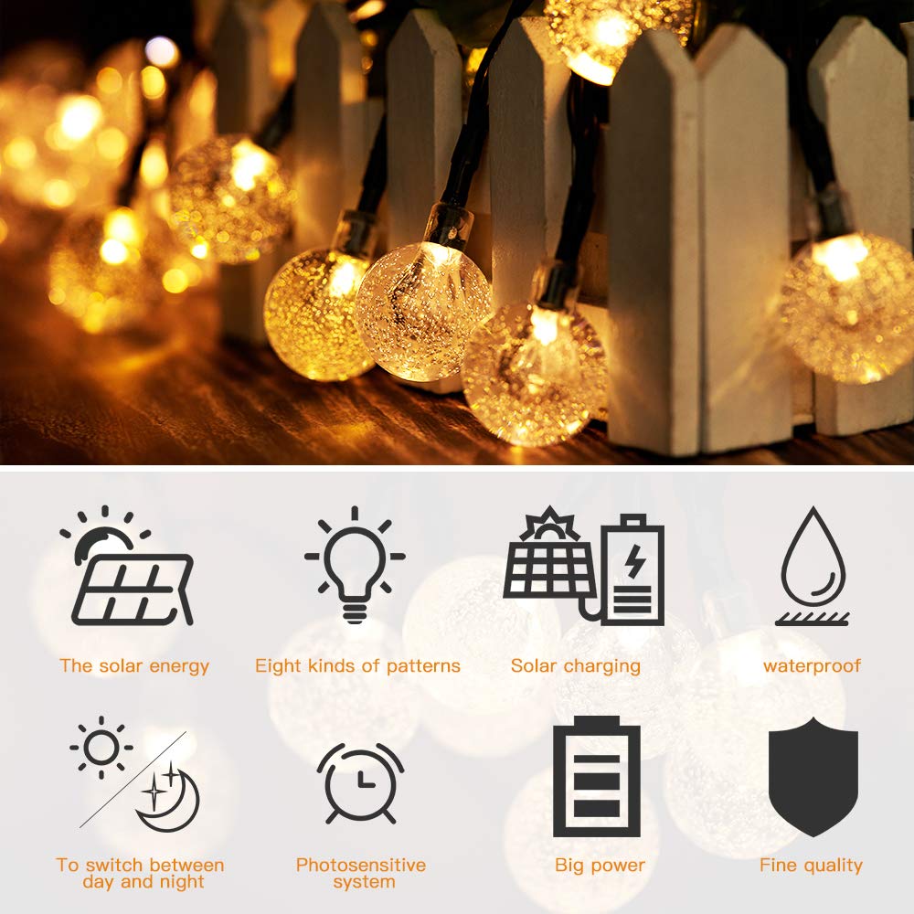 unbrands Solar String Lights Outdoor , 60LED Globe Fairy Waterpro of Lights , 8 Modes 11M/36ft Outdoor Solar String Lights for Garden, Patio Yard, Home ,Christmas ,Parties ,Wedding (Warm White)