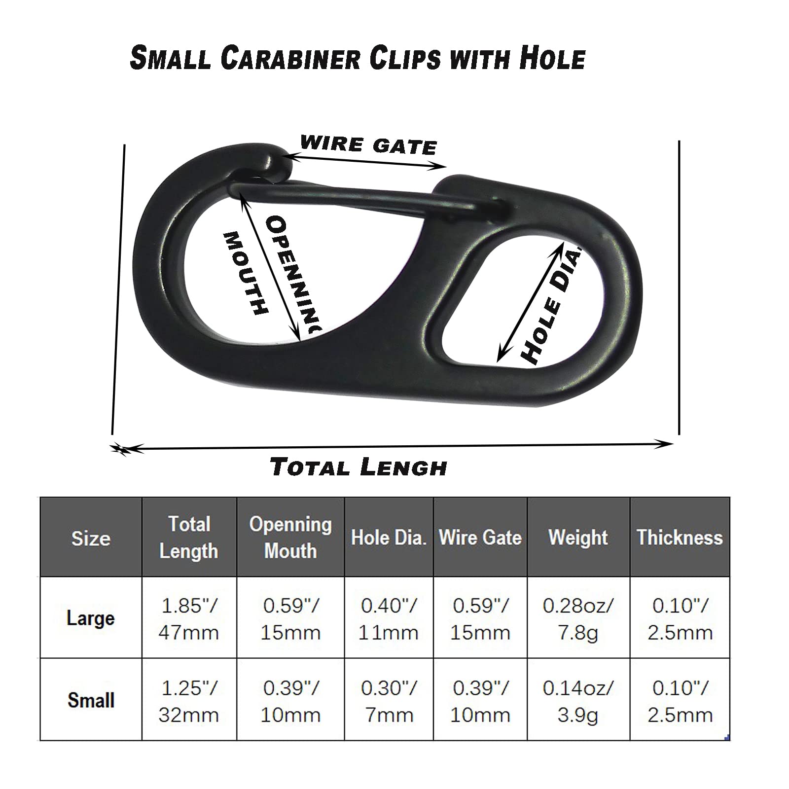 Bytiyar Small Carabiner Clips 1.85inch (47mm) Metal Snap Hooks with Fixed Eye Spring Gate Keychain Parocord Rope Clasps Accessories, 6 Pcs Black