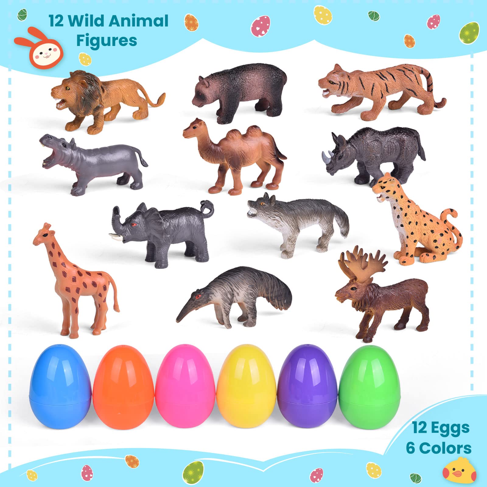 Fun Little Toys 12PCS Easter Eggs Prefilled Wild Animal Figures Surprise Plastic Easter Eggs Basket Stuffers