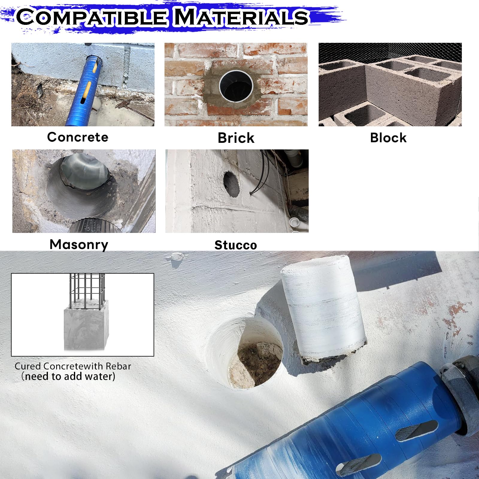 DaduoRi 2" Dry Core Drill Bit for Brick and Block with 3 Adapters Included: SDS Plus, SDS Max and 1/2" Hex Shank, 9.5" Drilling Depth Core Bits for Soft Concrete,Brick,Stucco,Masonry, 5/8"-11 Thread