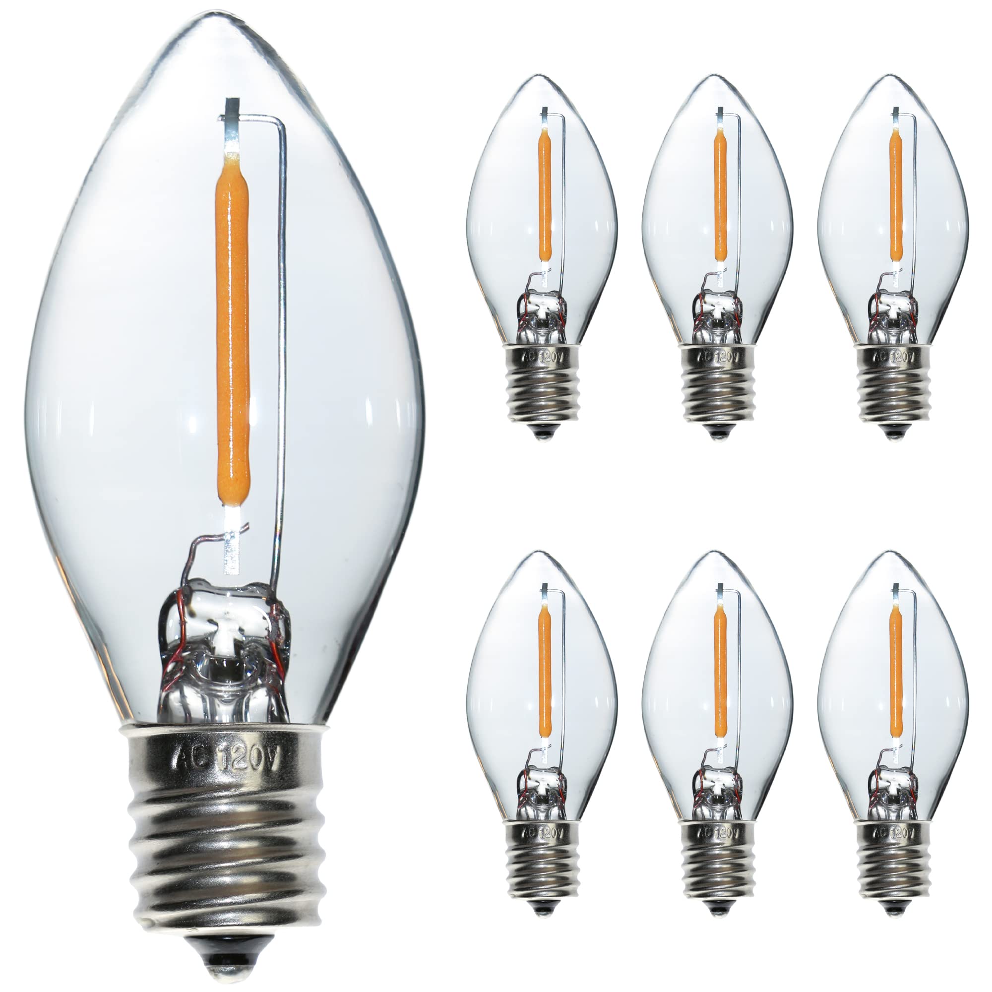 FANNIS 6 Pack C7 Replacement Small LED Bulb, 0.5W Equals 5W, Warm White Filament Edison Bulb, E12 Candelabra Base Vintage Clear Glass Candle Light Bulb for Night Light Outdoor Indoor String Lights