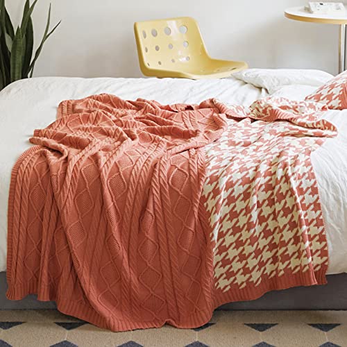 GunziStreet Luxurious Pure Cotton Knitting Throw Blanket Houndstooth Thousand-Bird Pattern Splicing Nordic Style Soft Warm Home Decor for Bed Couch Bedroom (Red Ruby, 51x63)