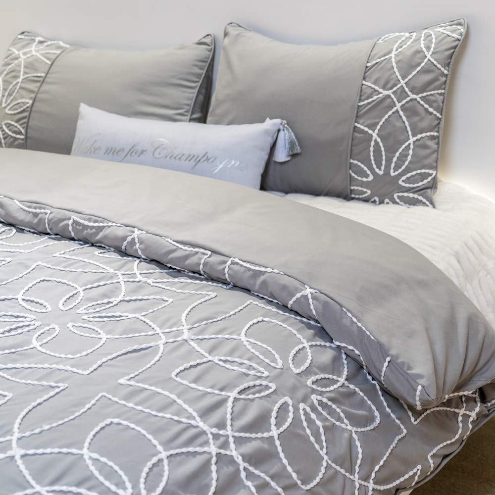 Duvet Cover 3 Piece Bedding Set Hotel Collection- King Size Gray White Rope Embroidered Ultra Soft Brushed Microfiber Comforter Cover with Zipper Closure and 2 Pillow Shams (Rope Embroidered, King)