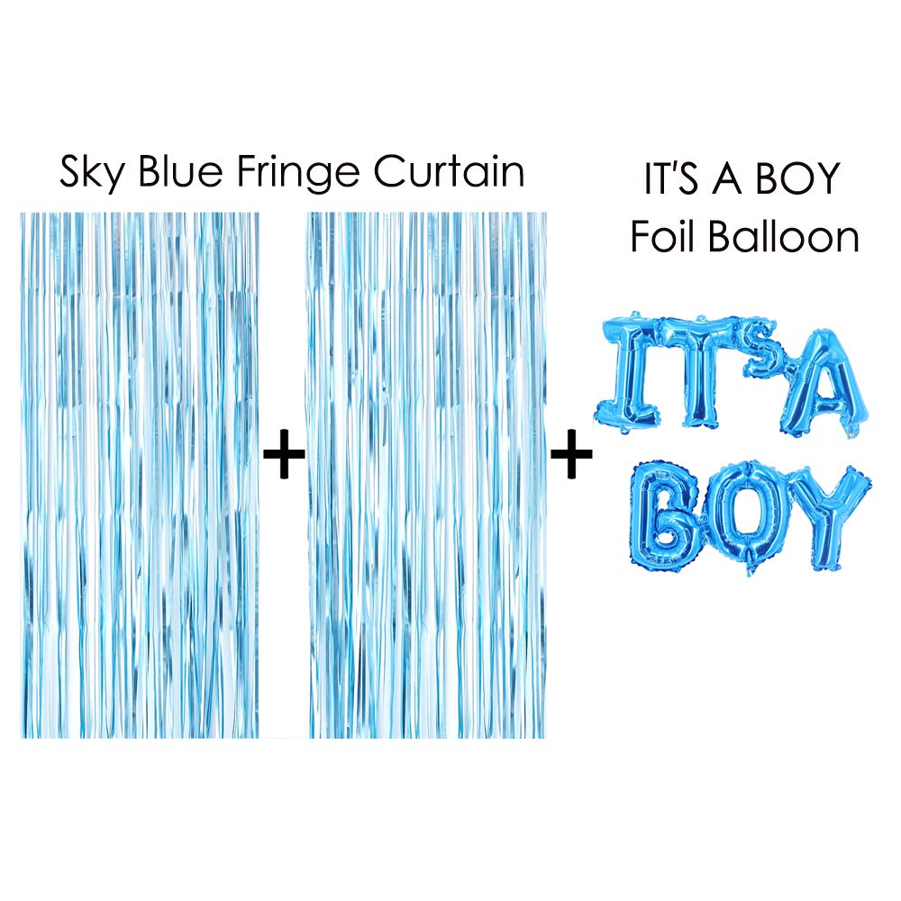 Blue Metallic Fringe Curtains & It's A Boy Foil Balloon Kit- Baby Shower Decorations Blue Wall Decoration Pastel Blue Photo Prop Backdrop Boys Birthday Party (Blue, Pack of 2)