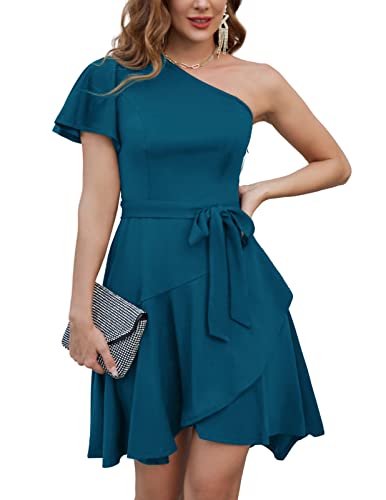 GRACE KARIN Women's One Shoulder Dress Flared Short Sleeve A-Line Cocktail Short Dress for Wedding Guest Teal Blue M