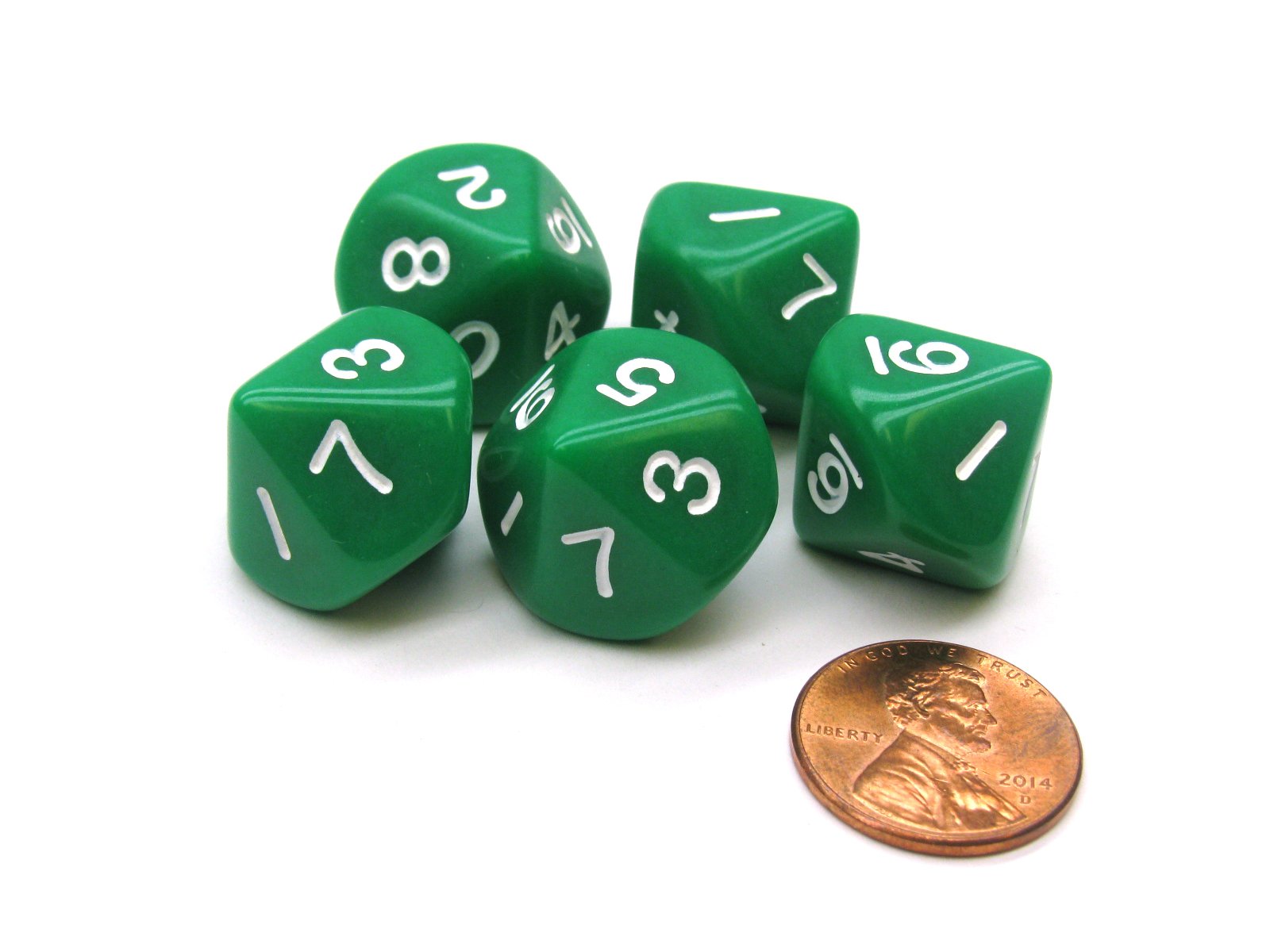 Koplow Games Set of 5 D10 10-Sided 20mm Opaque RPG Dice - Green with White Numbers