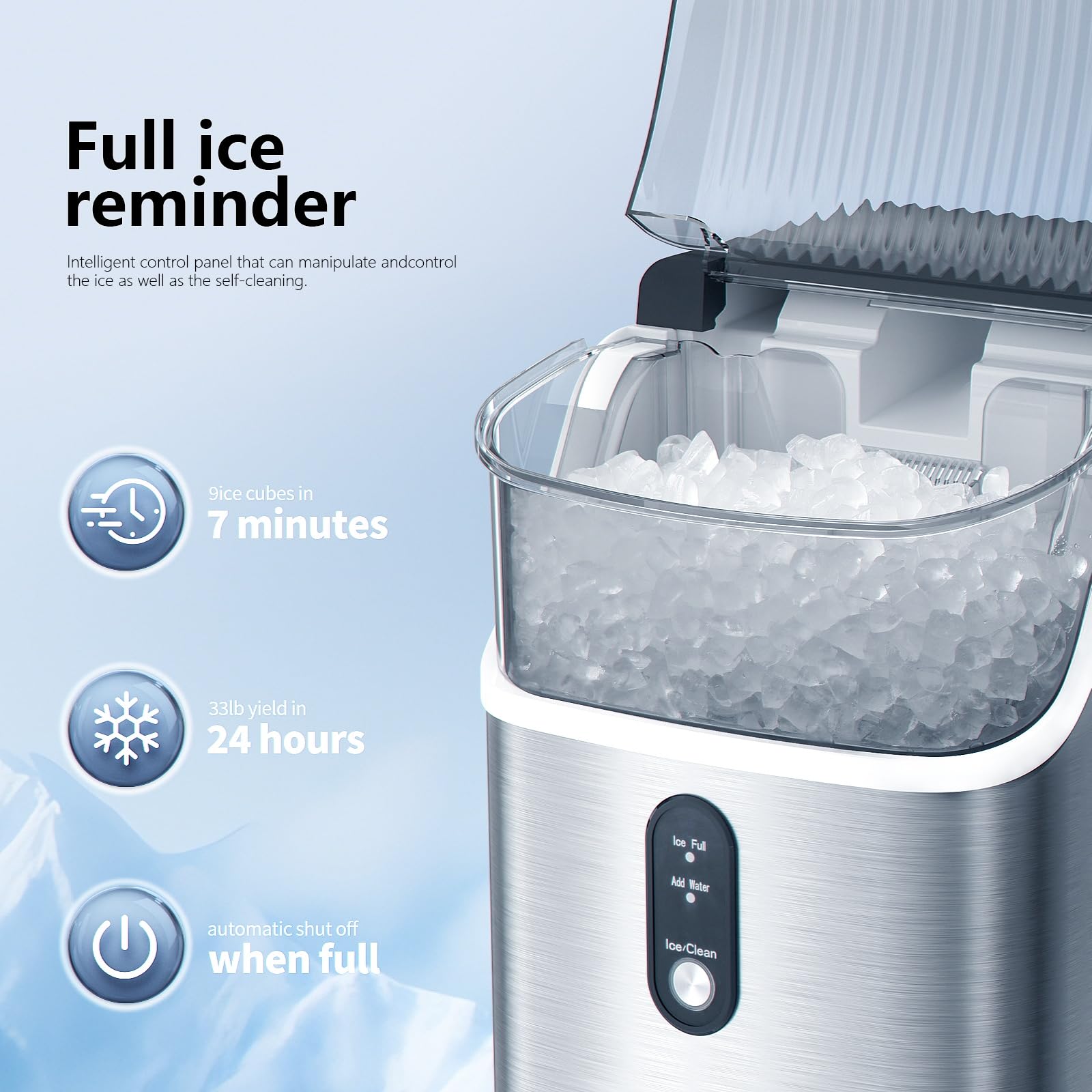 ZAFRO Nugget Ice Maker Countertop,One-Click Self-Cleaning Portable Ice Machine with Ice Scoop and Basket,Soft Chewable Ice in 7 Mins,35lbs/24H,for Home Kitchen Office Party,Stainless Steel Silver