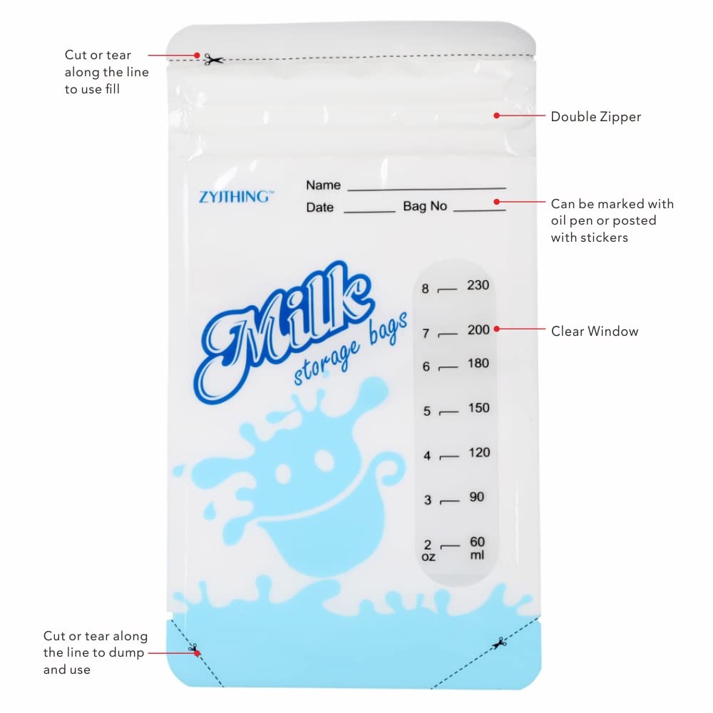 Breast milk storage bags, 100count/1Pack,7-8 ounces, liquid food bag, Breast milk storage bags freezer;breast feeding,Double-layer self-sealing, flat, upright after filling.