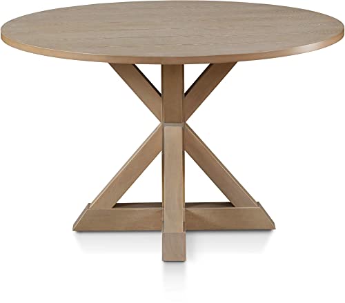 Finch Alfred Round Solid Wood Rustic Dining Table for Farmhouse Kitchen Room Decor, Wooden Trestle Pedestal Base, 46.5" Wide Circular Tabletop, Distressed Beige