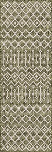 Unique Loom Outdoor Trellis Collection Area Rug - Tribal Trellis (2' x 8' Runner, Green/ Natural)